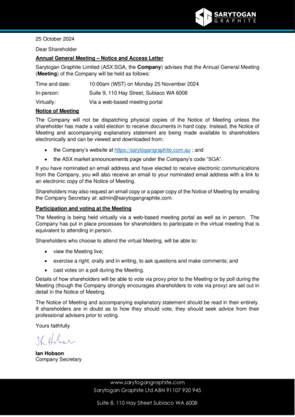 ASX:SGA - AGM Letter to Shareholders & Proxy