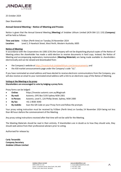 ASX:JLL - Letter to Shareholders