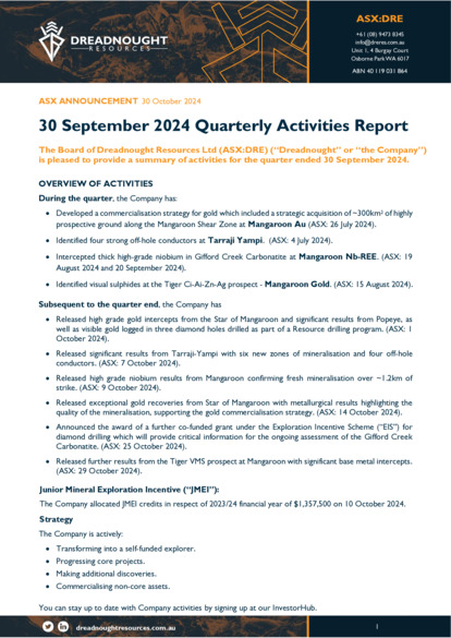 ASX:DRE - Quarterly Activities Report - September 2024