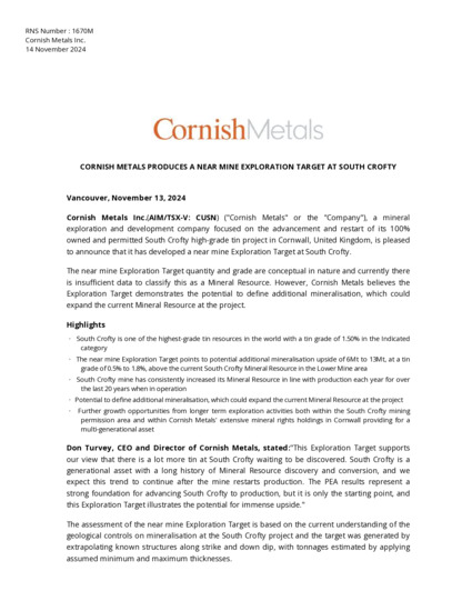 LSE:CUSN - Cornish Metals Inc. - NEAR MINE EXPLORATION TARGET AT SOUTH ...