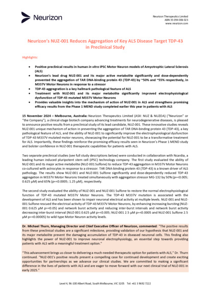 ASX:NUZ - NUZ-001 Reduces Aggregation of Key ALS Disease Target
