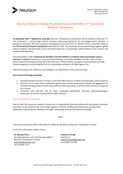 ASX:NUZ - Neurizon Presents Positive Preclinical Data on NUZ-001