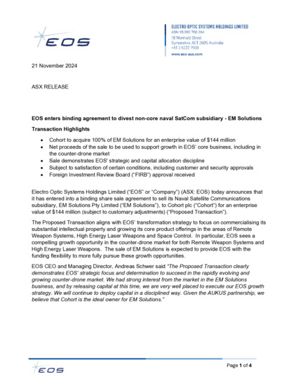 ASX:EOS - EOS announces divestment of EM Solutions for $144m