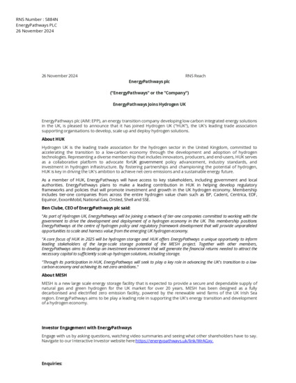 LSE:EPP - EnergyPathways PLC - EnergyPathways Joins Hydrogen UK