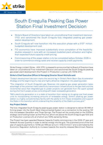 ASX:STX - South Erregulla Peaking Gas Power Station FID