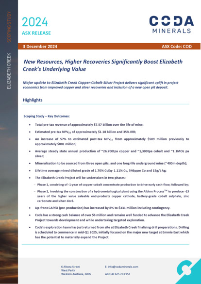 ASX:COD - New Resources, Higher Recoveries Boost Elizabeth Creek Value