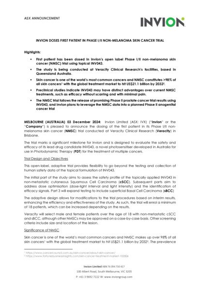 ASX:IVX - Invion Doses First Patient in Phase I/II Skin Cancer Trial