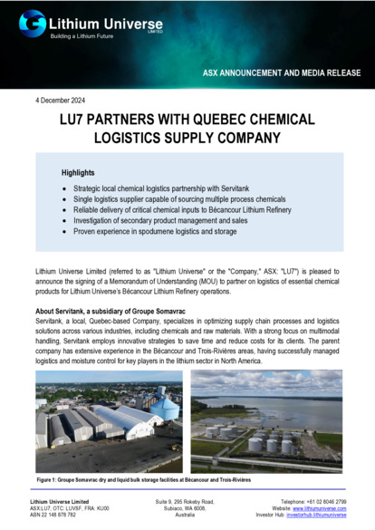 ASX:LU7 - LU7 Partners with Quebec Chemical Logistics Supply Company