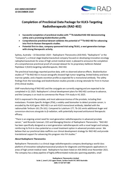 ASX:RAD - Completion of preclinical data package for RAD 402