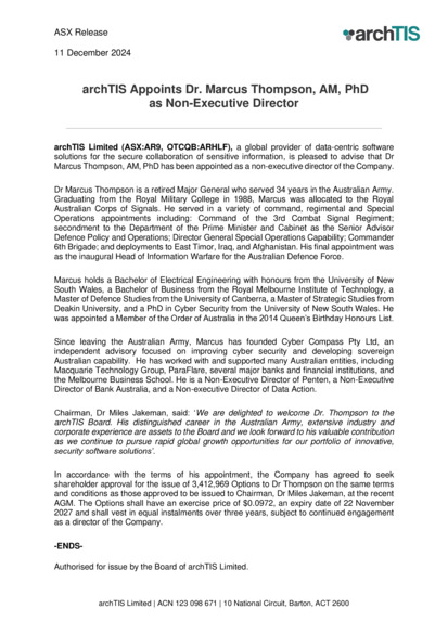 ASX:AR9 - AR9 Appoints Dr. Marcus Thompson as Non-Executive Director
