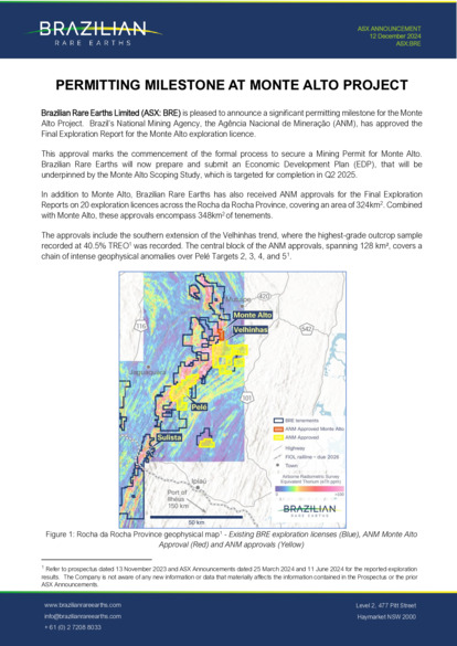 ASX:BRE - Permitting Milestone at Monte Alto Project