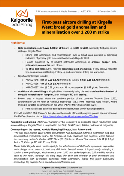 ASX:KAL - Extensive gold anomalism and mineralisation at Kirgella West