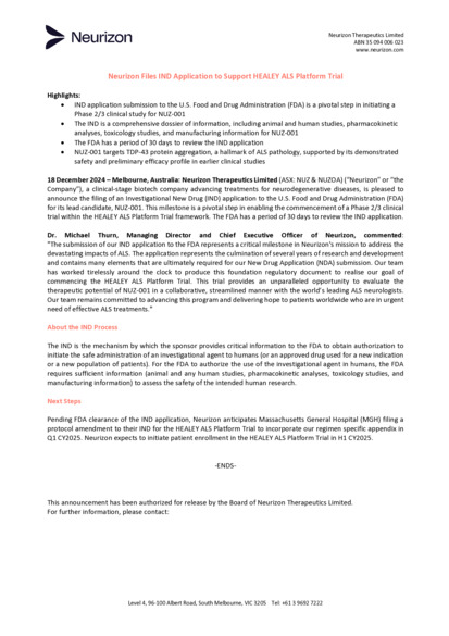 ASX:NUZ - Neurizon Files IND Application to Support HEALEY ALS Trial