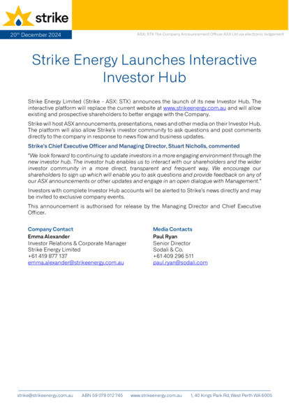 ASX:STX - Strike Energy Launches Interactive Investor Hub