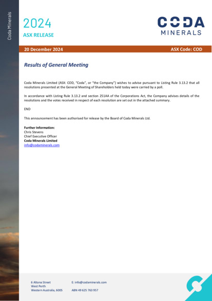 ASX:COD - Results of Meeting