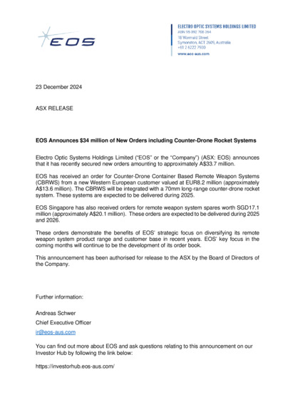 ASX:EOS - EOS announces $34m of new orders