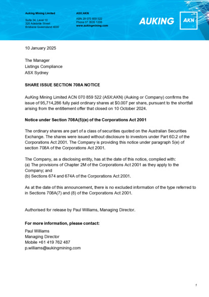 ASX:AKN - Share Issue Section 708A Notice