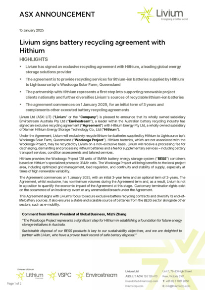 ASX:LIT - Livium signs battery recycling agreement with Hithium