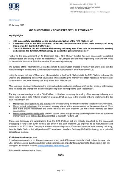 ASX:4DS - 4DS Memory Successfully Completes Fifth Platform Lot