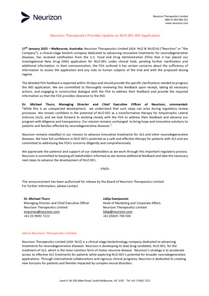 ASX:NUZ - Neurizon updates on NUZ-001 IND Application