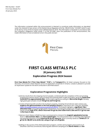 LSE:FCM - First Class Metals - Exploration Progress 2024 Season