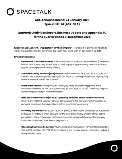 ASX:SPA - Appendix 4C and Quarterly Activities Report