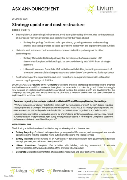ASX:LIT - Strategy update and cost restructure