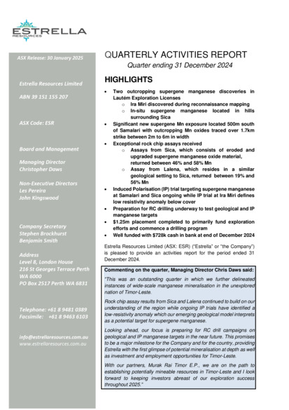 ASX:ESR - Quarterly Activities/Appendix 5B Cash Flow Report