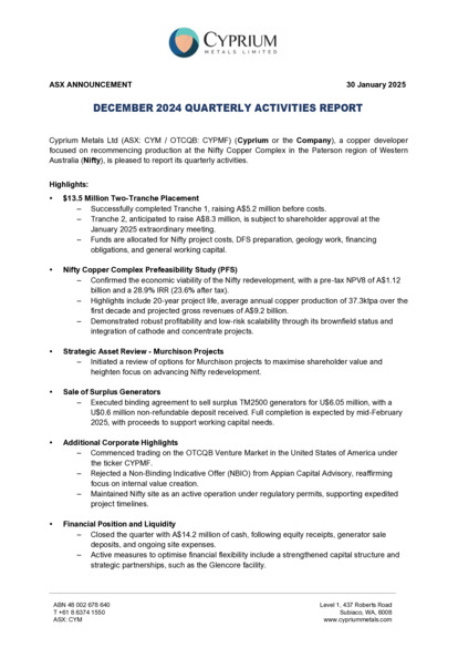 ASX:CYM - Quarterly Activities/Appendix 5B Cash Flow Report