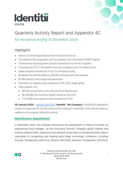 ASX:ID8 - Quarterly Activities/Appendix 4C Cash Flow Report