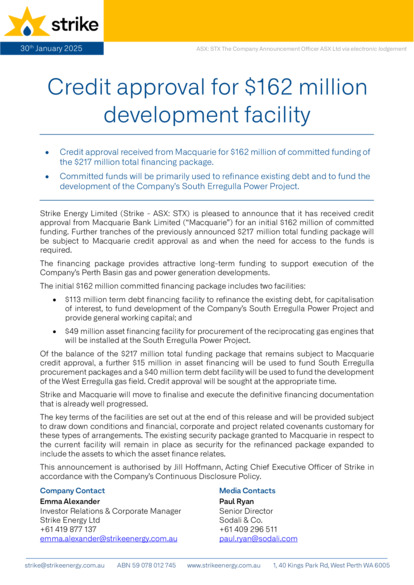 ASX:STX - Credit approval for $162 million development facility