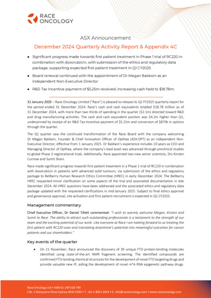 ASX:RAC - Quarterly Activity Report and Appendix 4C