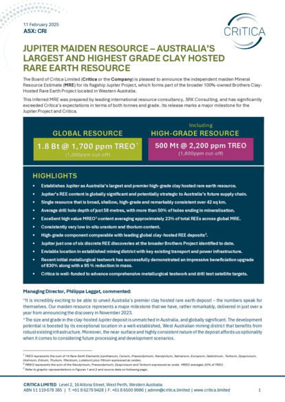 ASX:CRI - Jupiter Maiden Resource - Australia's Largest Clay Hosted