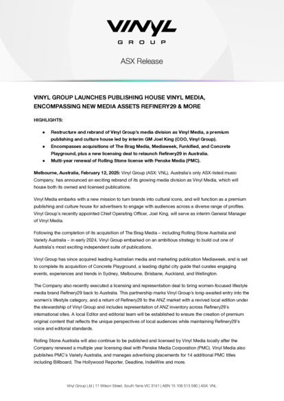 ASX:VNL - VINYL GROUP LAUNCHES PUBLISHING HOUSE VINYL MEDIA