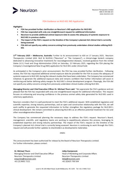 ASX:NUZ - FDA Guidance on NUZ-001 IND Application