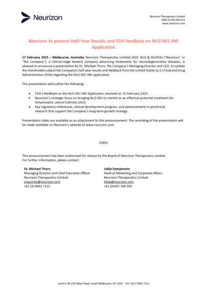 ASX:NUZ - Neurizon to Present Latest Results and Key Updates