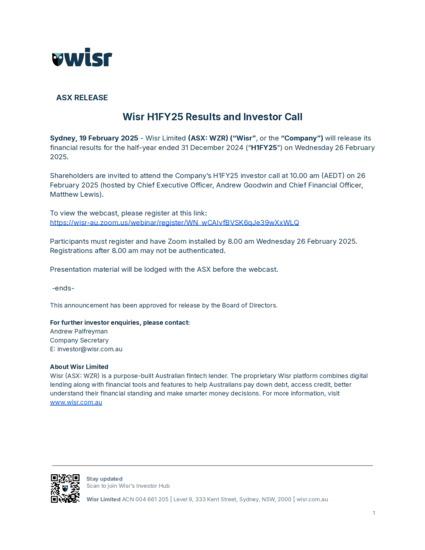 ASX:WZR - Wisr H1FY25 Results and Investor Call