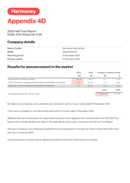 ASX:HMY - Appendix 4D and 1H25 Half Year Report