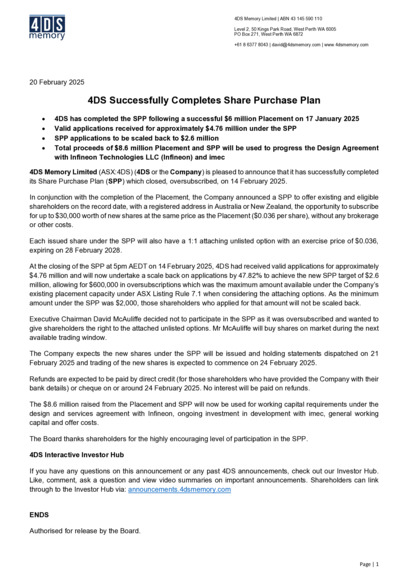 ASX:4DS - 4DS Successfully Completes Share Purchase Plan
