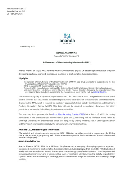 AQSE:ANA - Ananda Pharma PLC - Achievement of Manufacturing Milestone ...