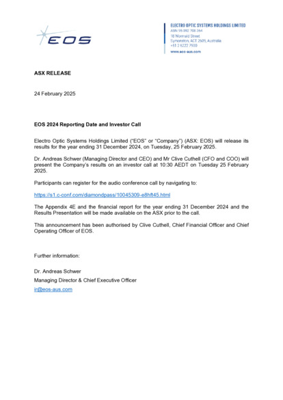 ASX:EOS - 2024 Reporting Date and Investor Call