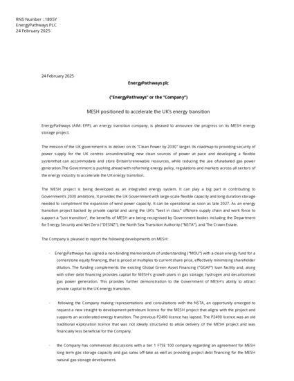 LSE:EPP - EnergyPathways PLC - MESH set to accelerate UK’s energy ...