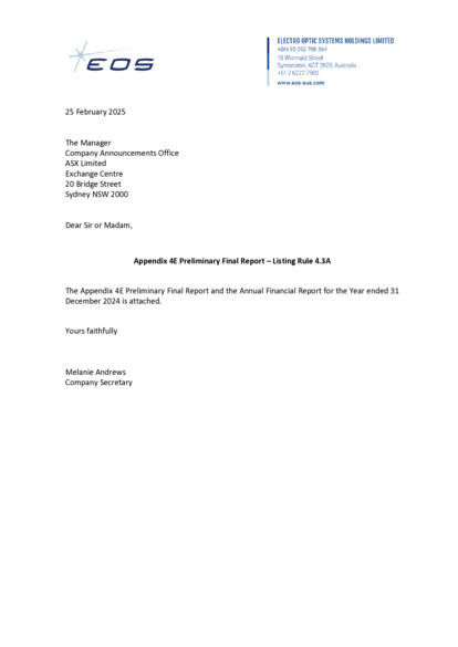 ASX:EOS - Appendix 4E and 2024 Financial Report