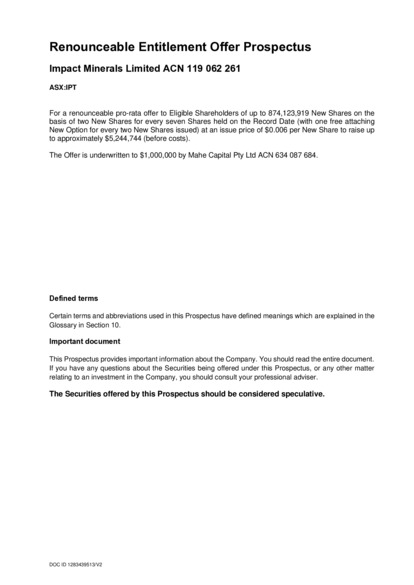 ASX:IPT - Renounceable Entitlement Offer Prospectus