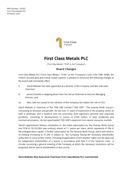 LSE:FCM - First Class Metals - Board Changes