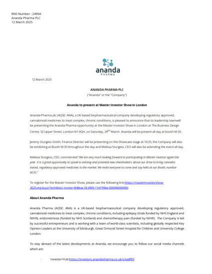 AQSE:ANA - Ananda Pharma PLC - Master Investor Conference Attendance