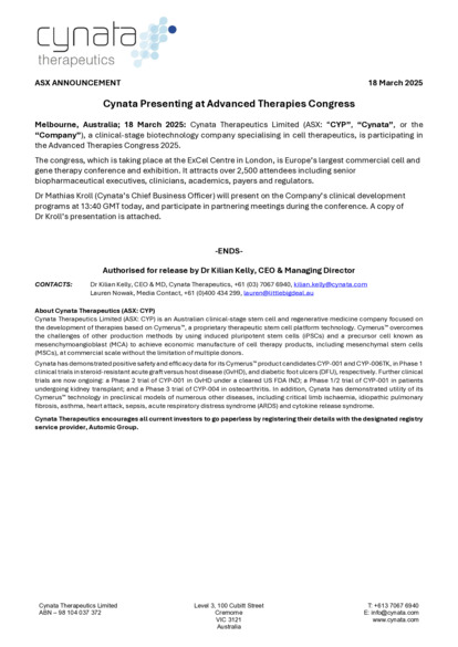 ASX:CYP - Cynata Presenting at Advanced Therapies Congress