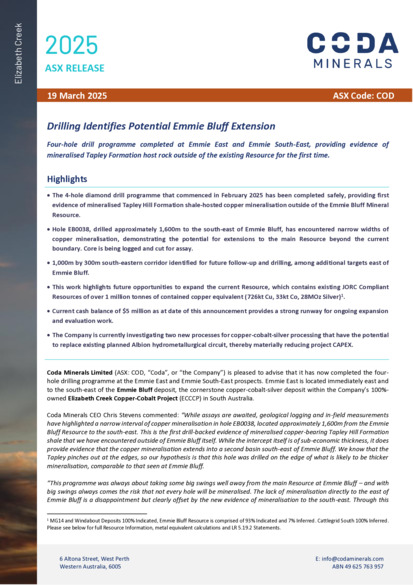 ASX:COD - Drilling Identifies Potential Emmie Bluff Extension