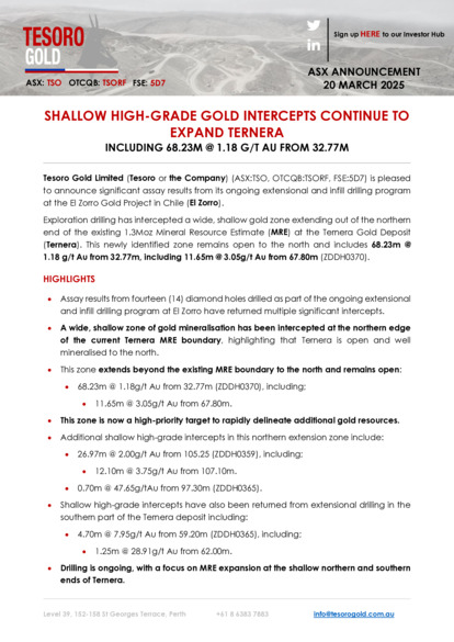 ASX:TSO - Shallow High-Grade Gold Intercepts Expand Ternera
