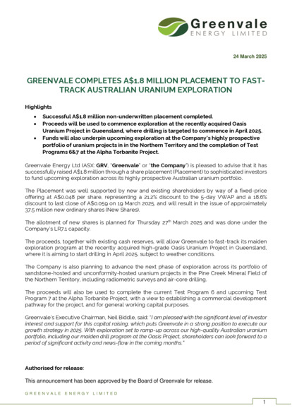 ASX:GRV - Greenvale $1.8m placement to fast-track uranium exploration